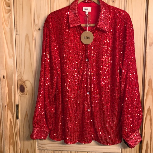 BiBi | Tops | Bibi Red Sequin Blouse Size Large | Poshmark